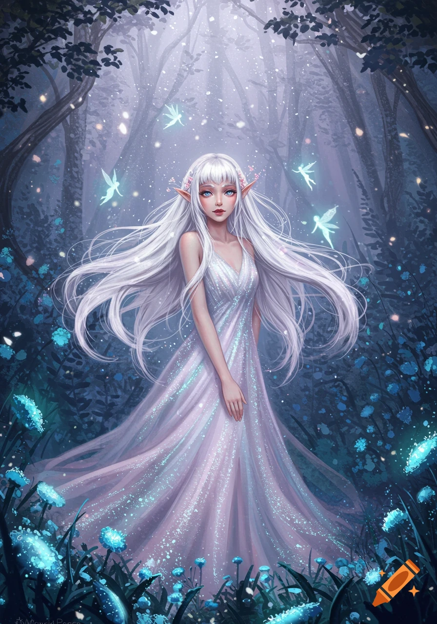 A beautiful, dark-haired elf-like woman with pointed ears, a moon ...
