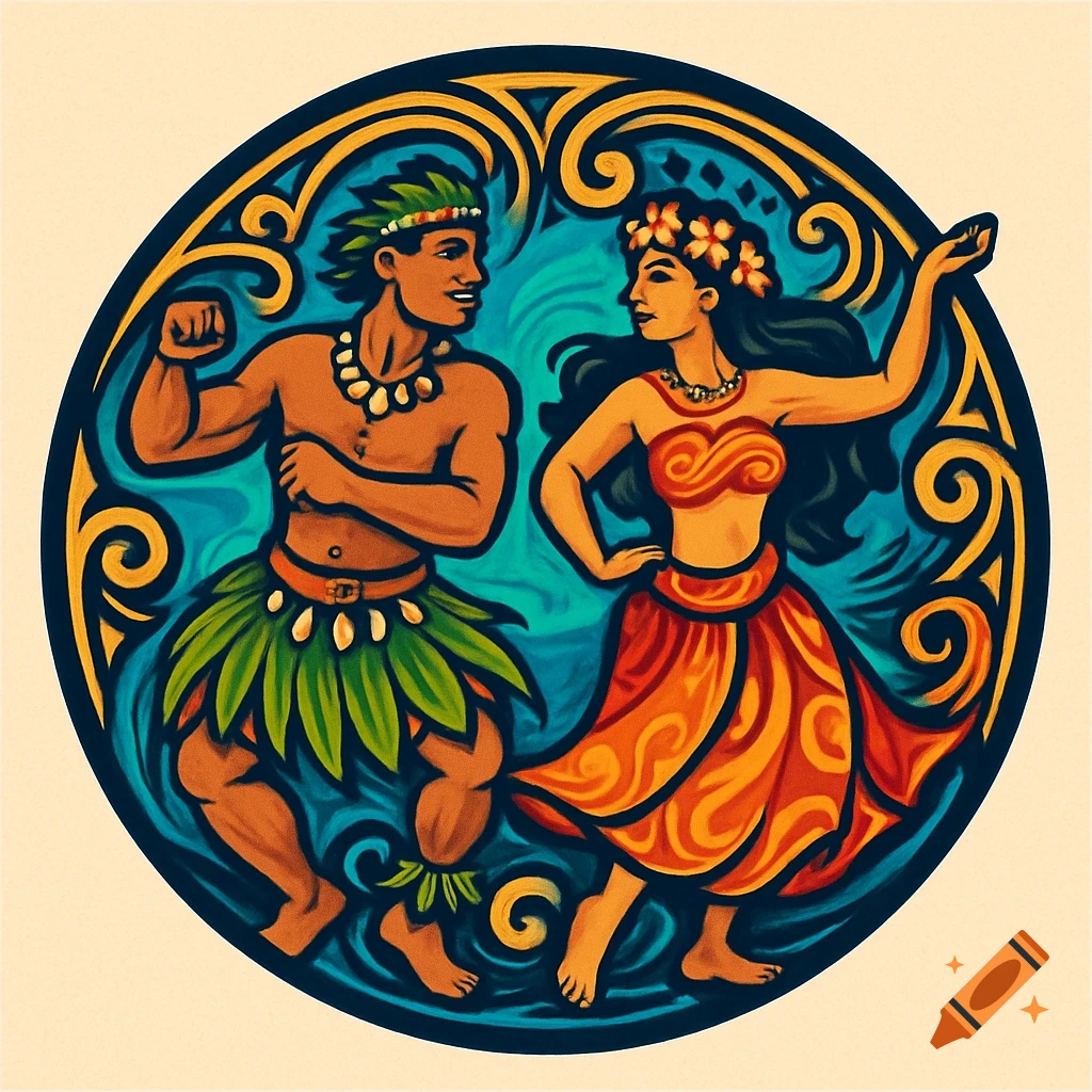 A circular Polynesian logo featuring a male and female dancer in ...