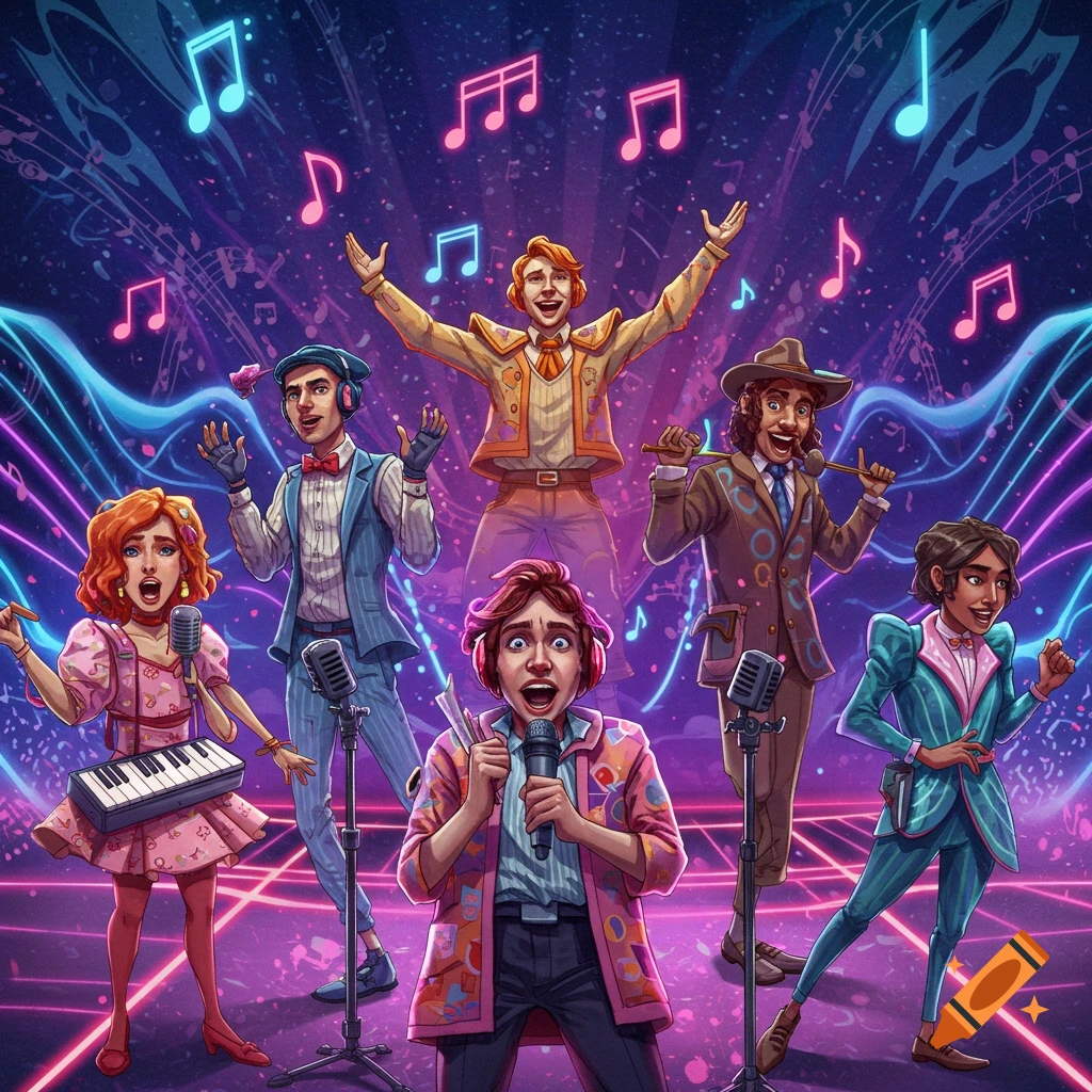 A group of colorful, stylized cartoon characters singing and performing ...