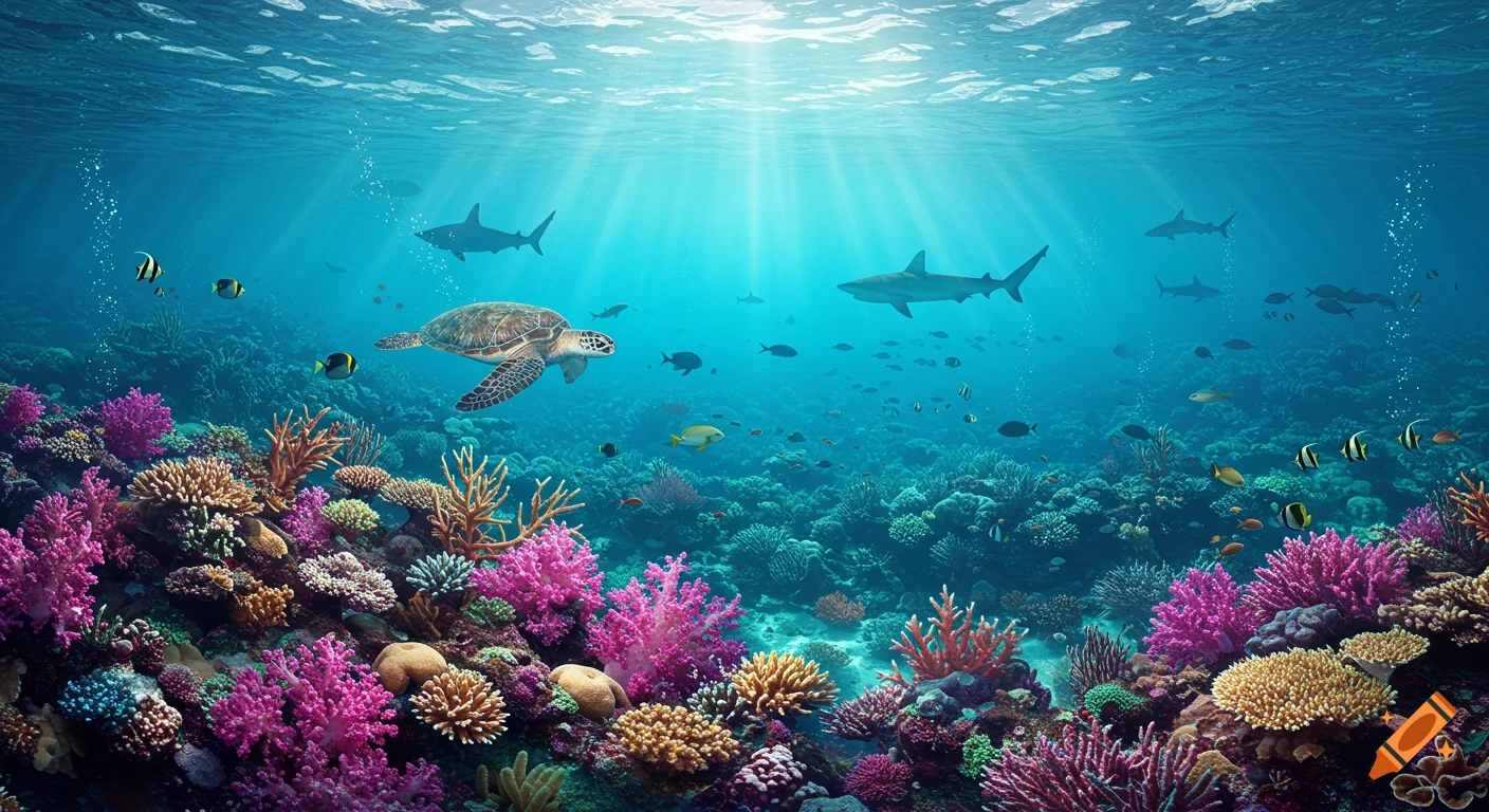 A photorealistic image of a scuba diver swimming towards a school of fish amidst vibrant coral ...