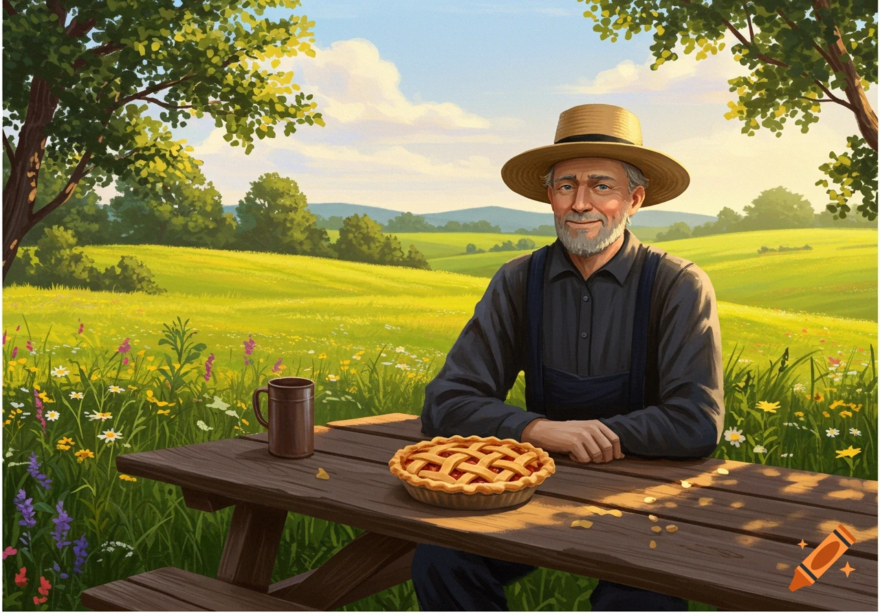 An Amish man sits at a wooden picnic table with a lattice-top pie and a ...