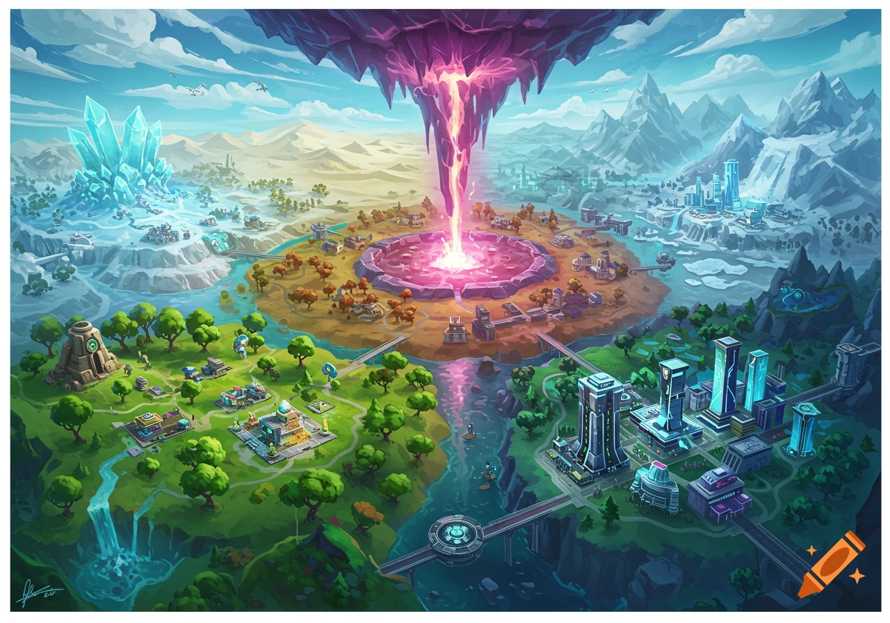 Aerial view of a city split down the middle, with a snowy winter ...