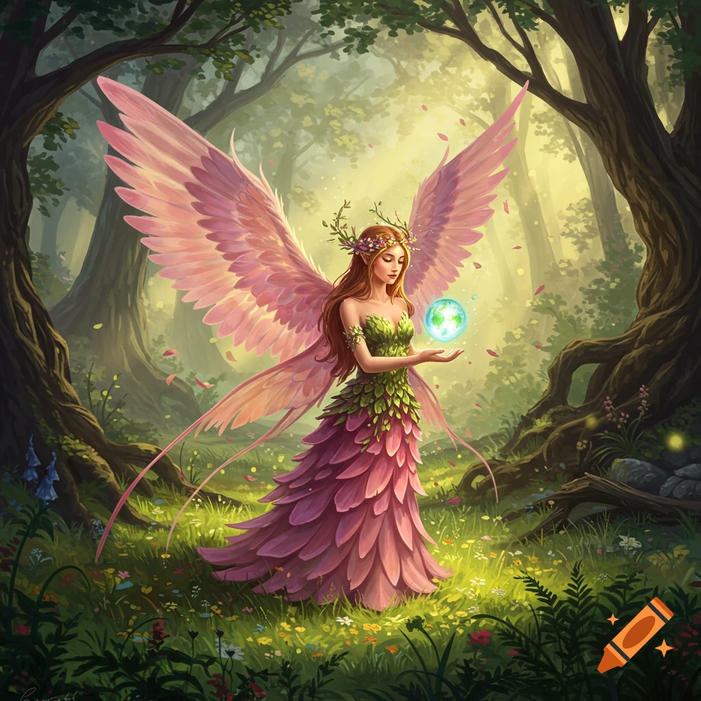 A fantasy magical girl fairy with large pink and green petal wings and a floral dress stands in ...