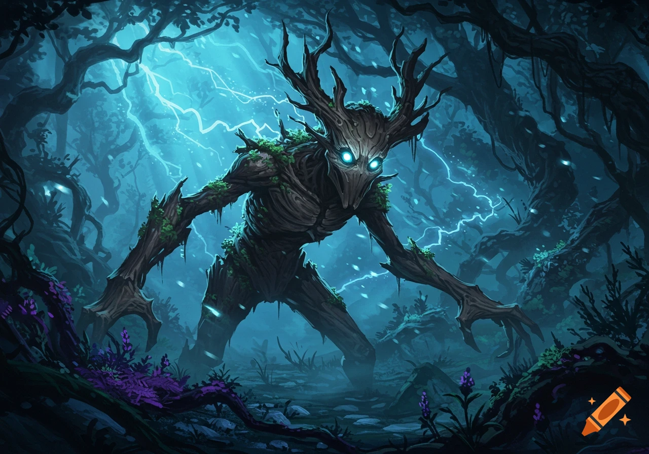 A menacing, muscular, antlered grey beast with glowing blue eyes stands in a dark, misty forest ...