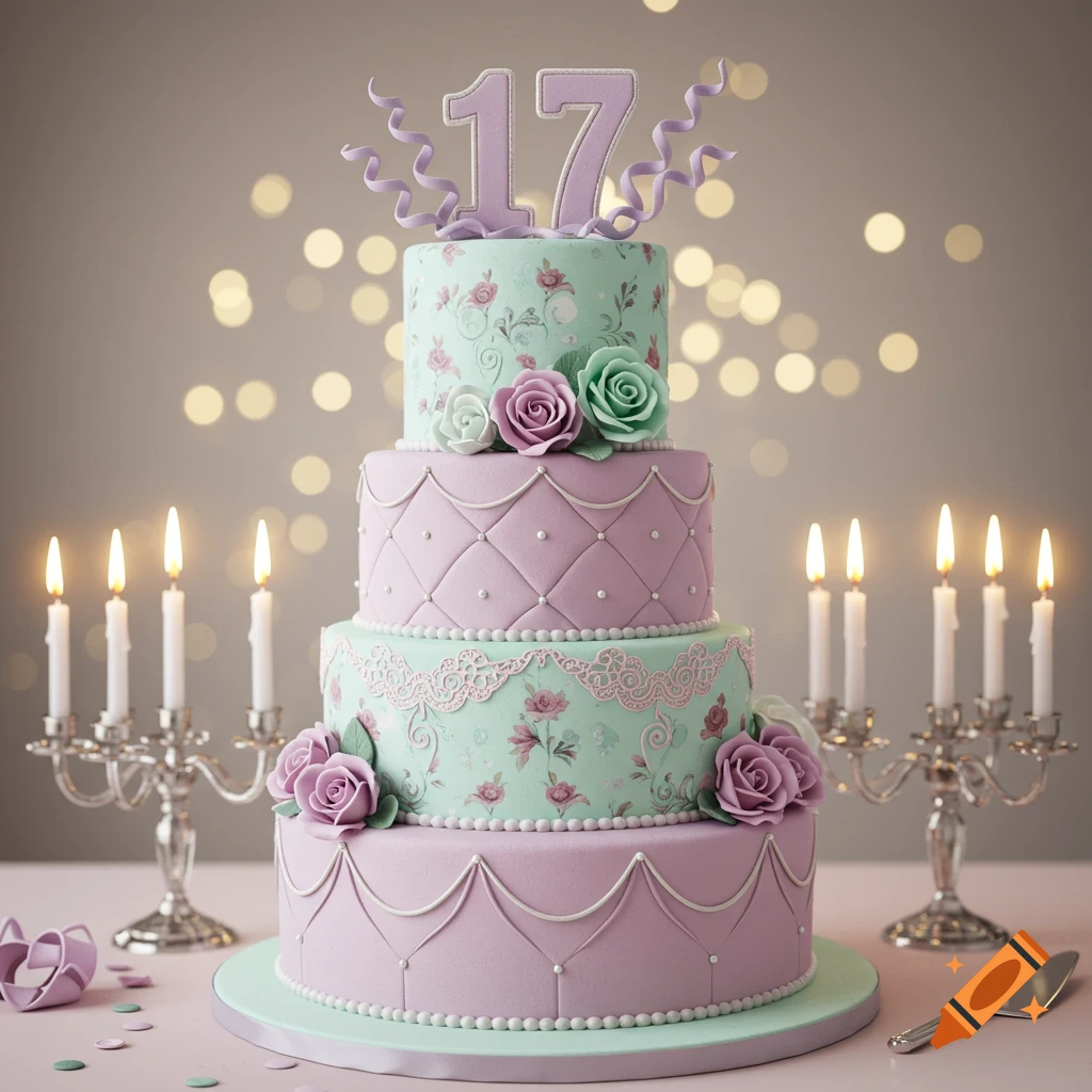 A four-tier birthday cake with lavender and mint green frosting ...