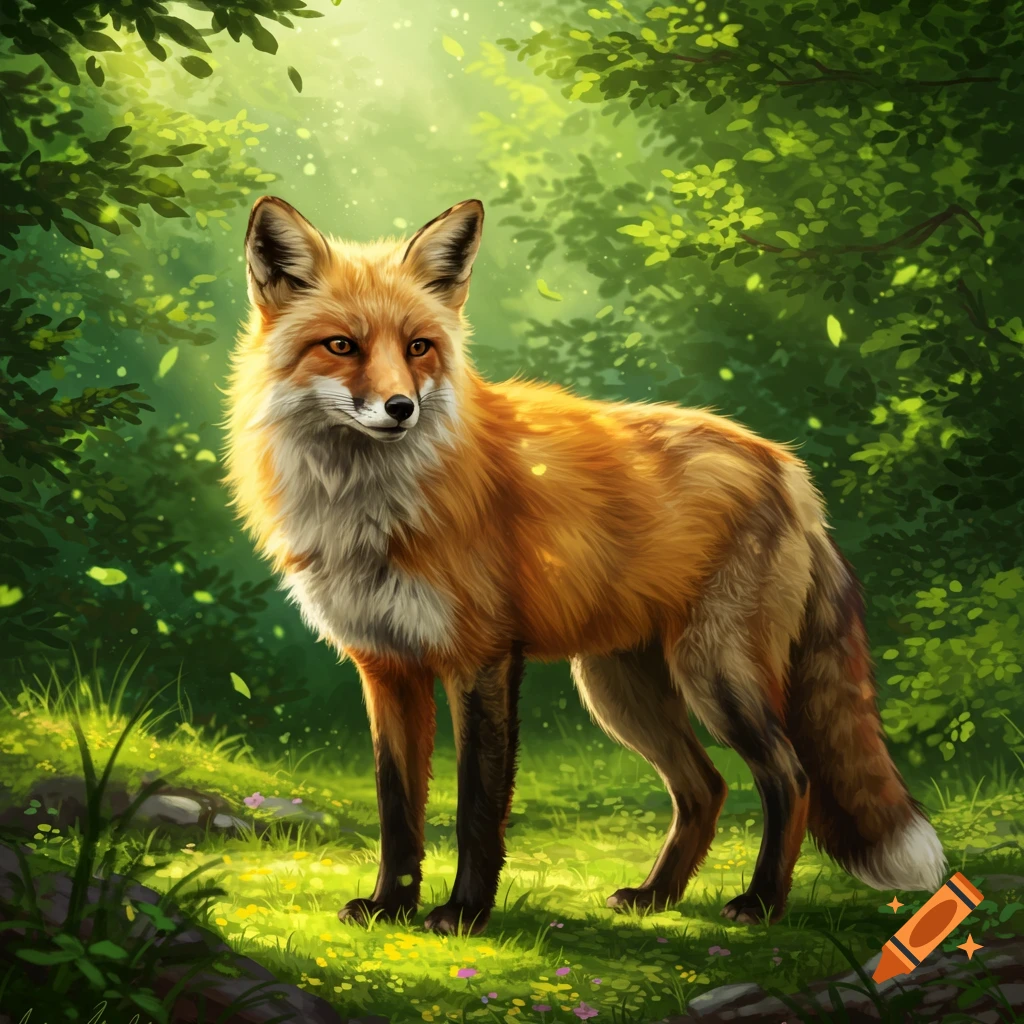 A vibrant red fox stands in a sun-dappled green forest, surrounded by ...