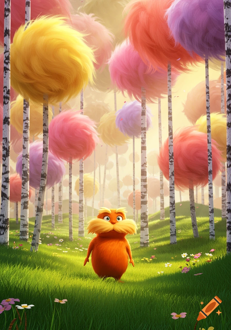 The Lorax stands in a vibrant Truffula tree forest with colorful ...