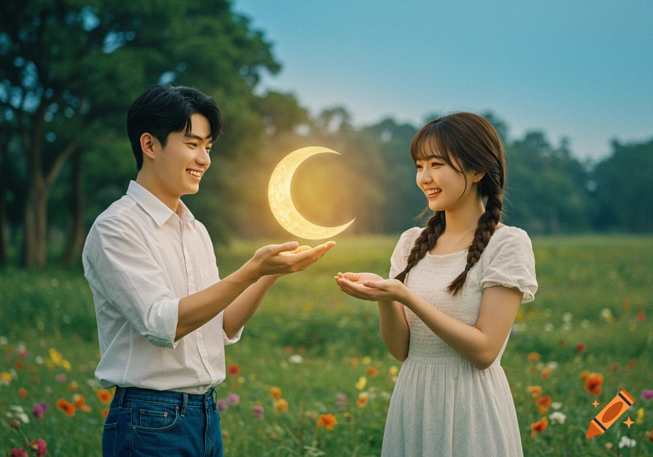 A young man offering a glowing crescent moon to a young woman in a ...