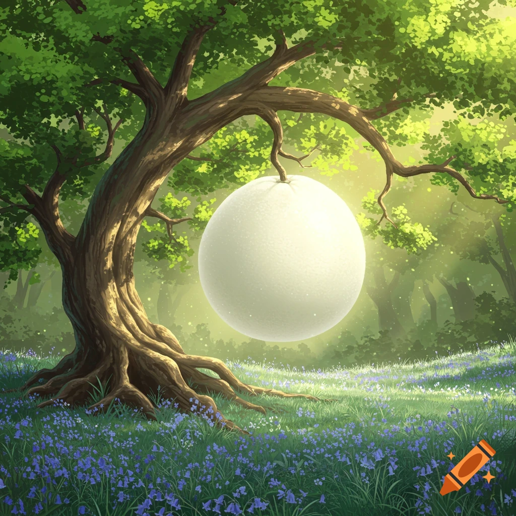 A large, light-colored spherical fruit hangs from a gnarled tree in a ...