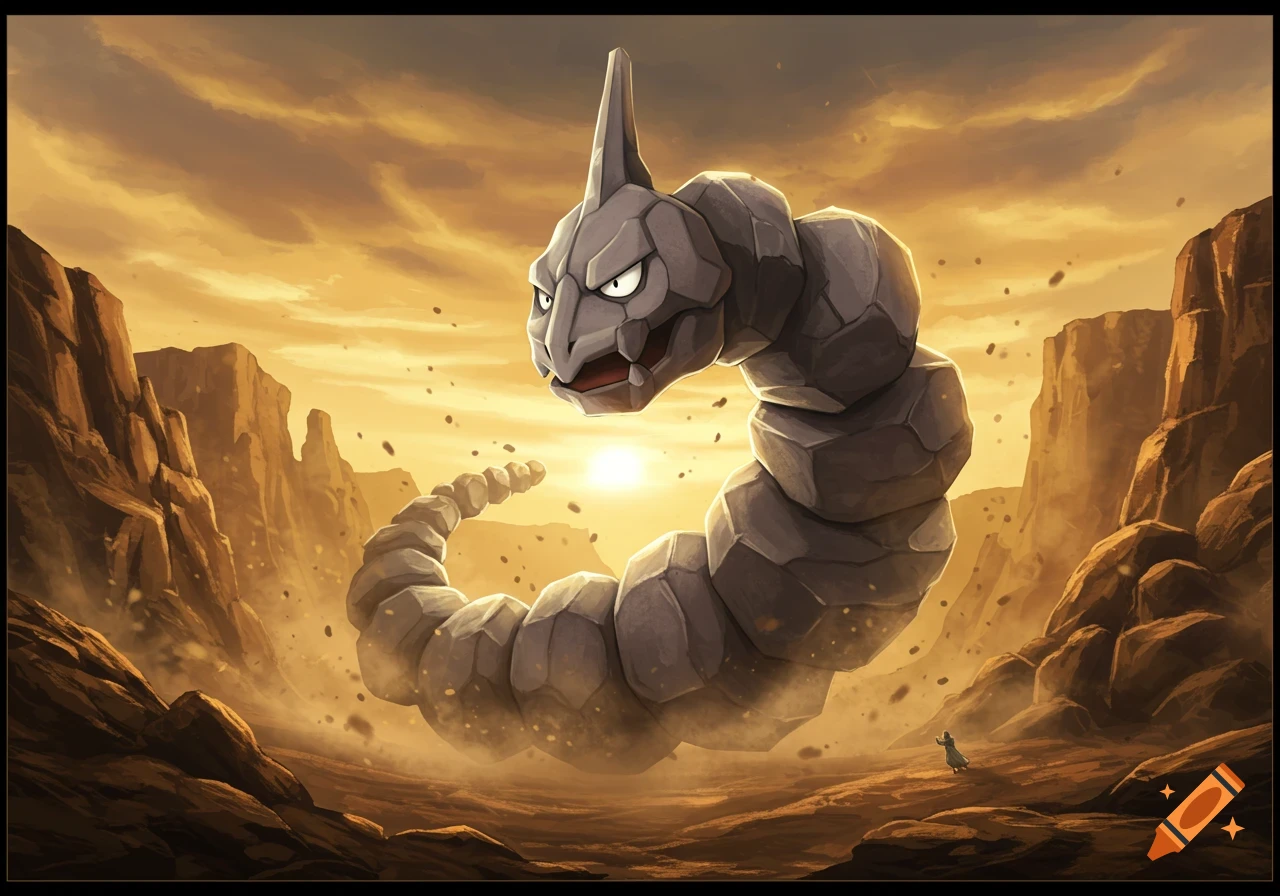 Large Onix Pokémon made of rocks looms over a small figure in a dusty ...