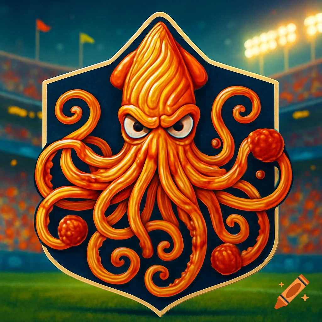 A stylized orange squid logo with an angry expression, set against the ...