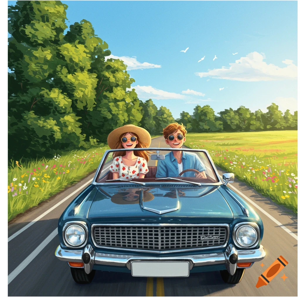 Illustration of a woman in a peach convertible driving on a coastal ...