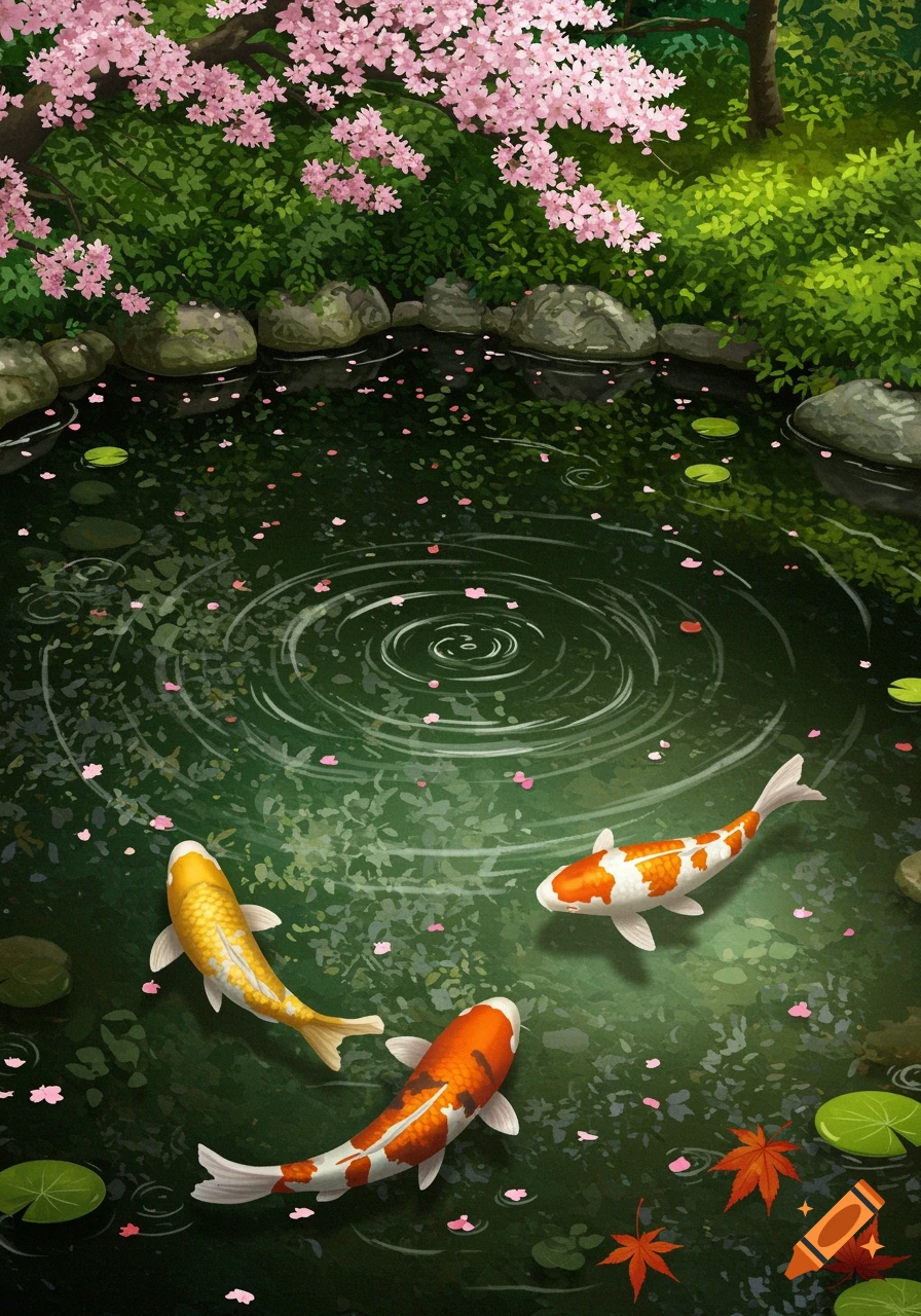 Three koi fish swim in a green pond with pink cherry blossom petals on ...