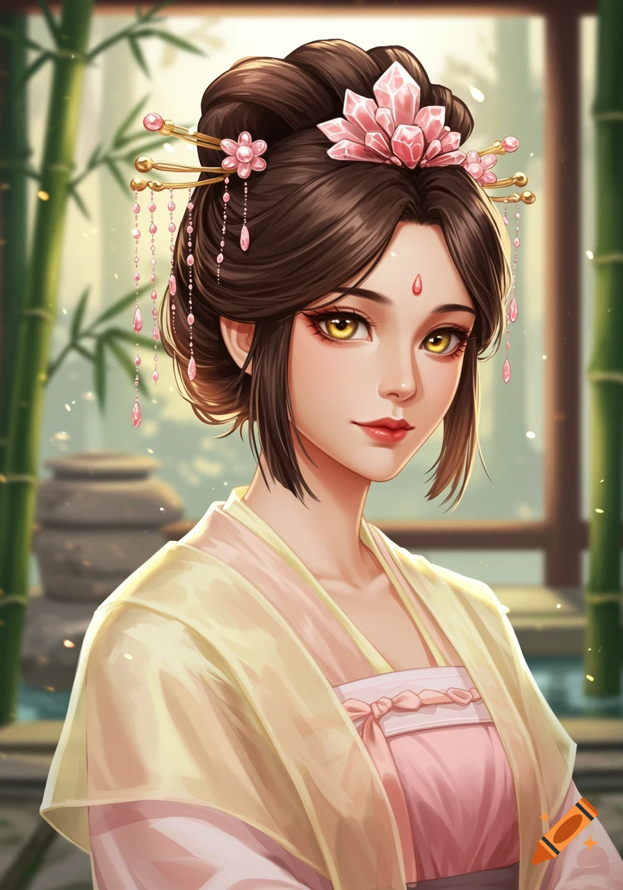 A beautiful woman with black hair in a bun and golden eyes looks over ...