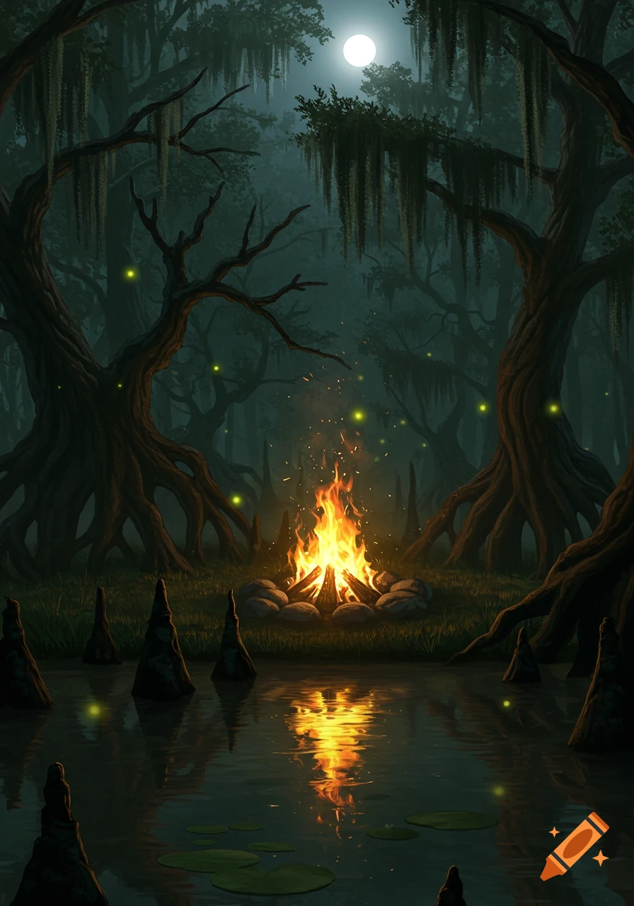 Dark, misty medieval forest path at night, lit by numerous torches ...