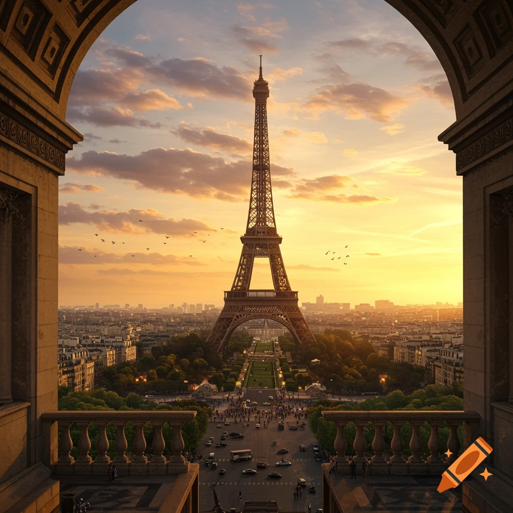 Photorealistic view of the Eiffel Tower at sunset, seen through an ...