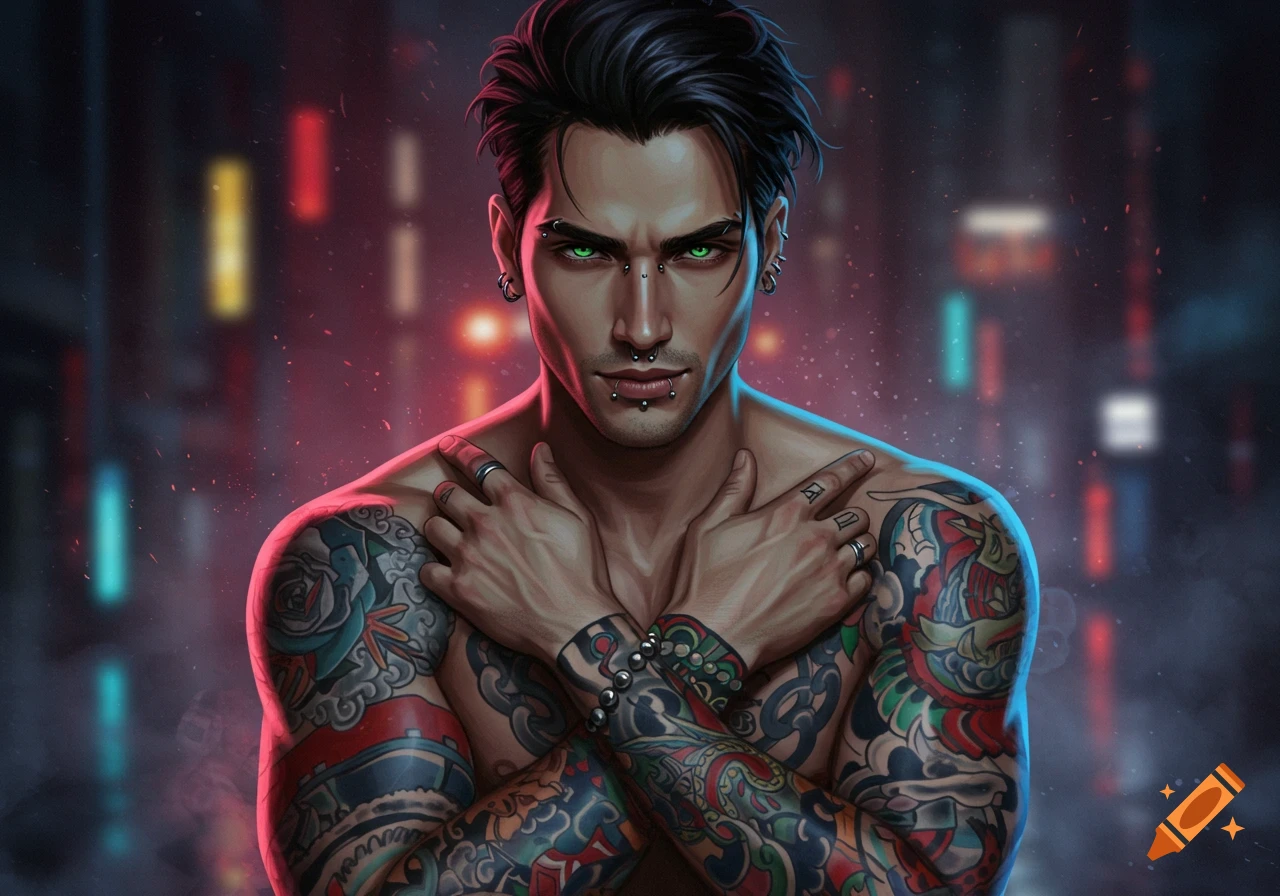 A dark-haired man with glowing green eyes, facial piercings, and full ...