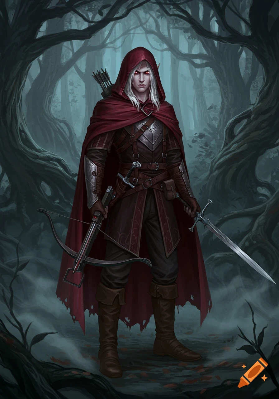 A white-haired vampire elf in a red hooded cape and dark armor holds a ...