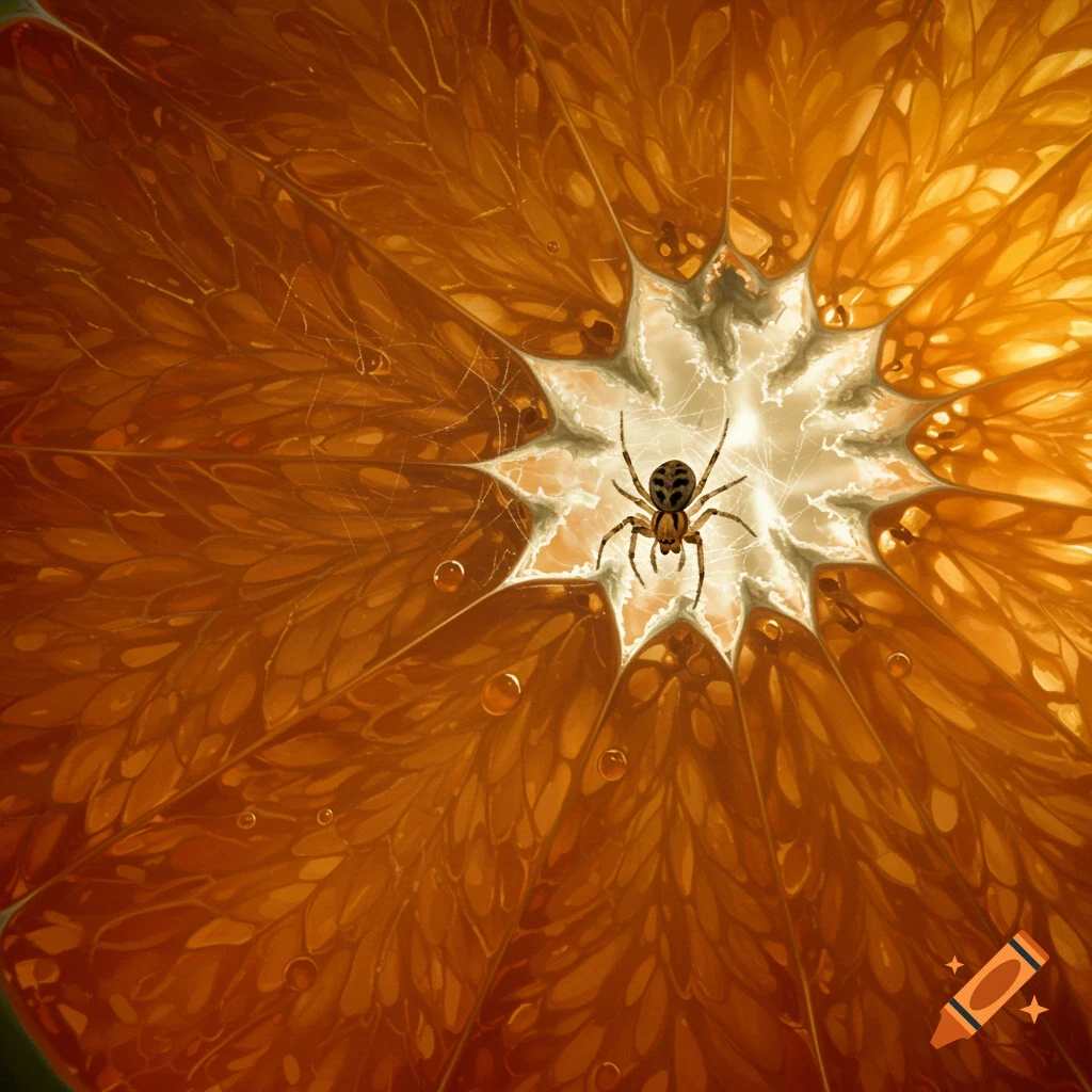 A spider rests on a translucent, backlit slice of orange, showing ...