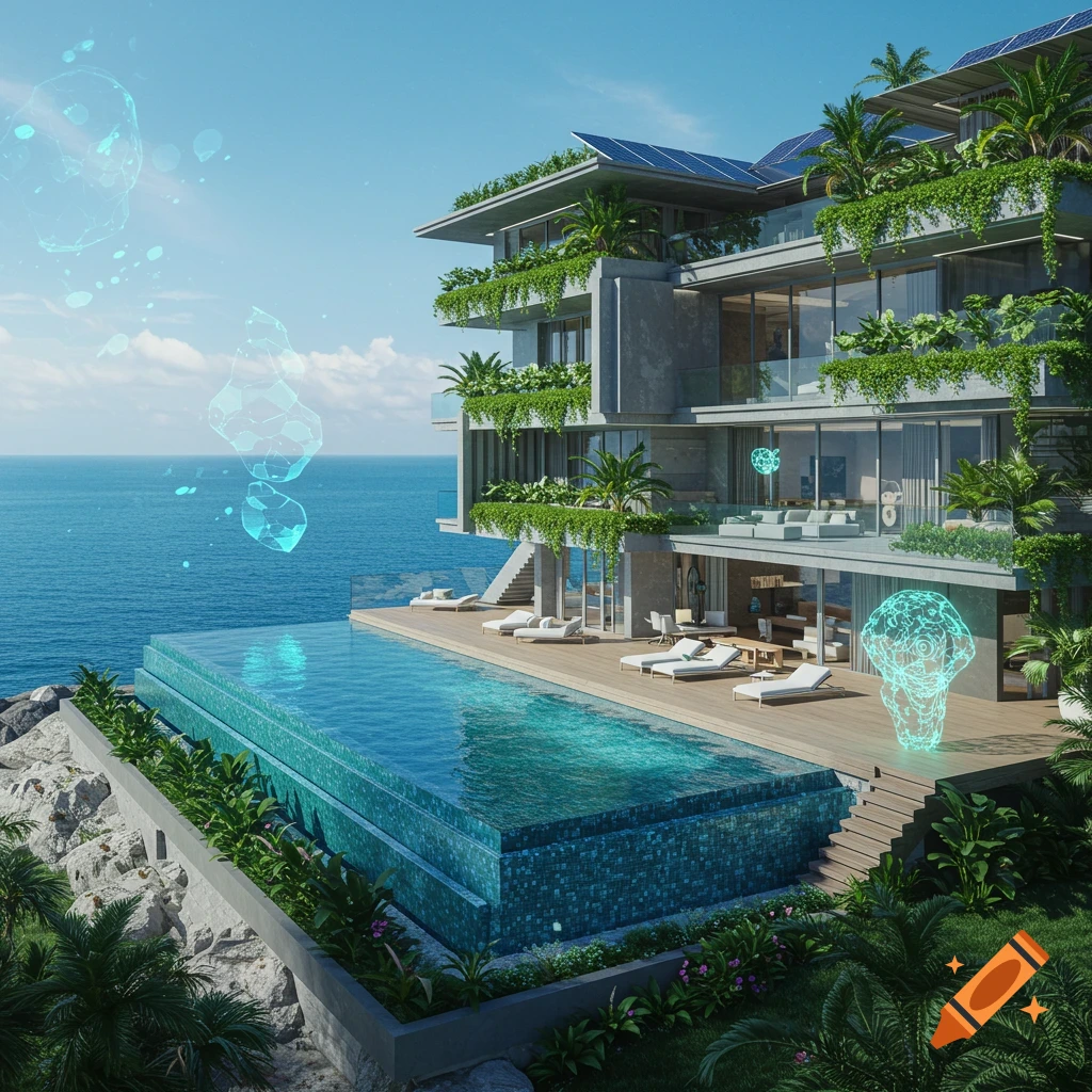 A luxurious, futuristic mansion with solar panels and lush greenery ...
