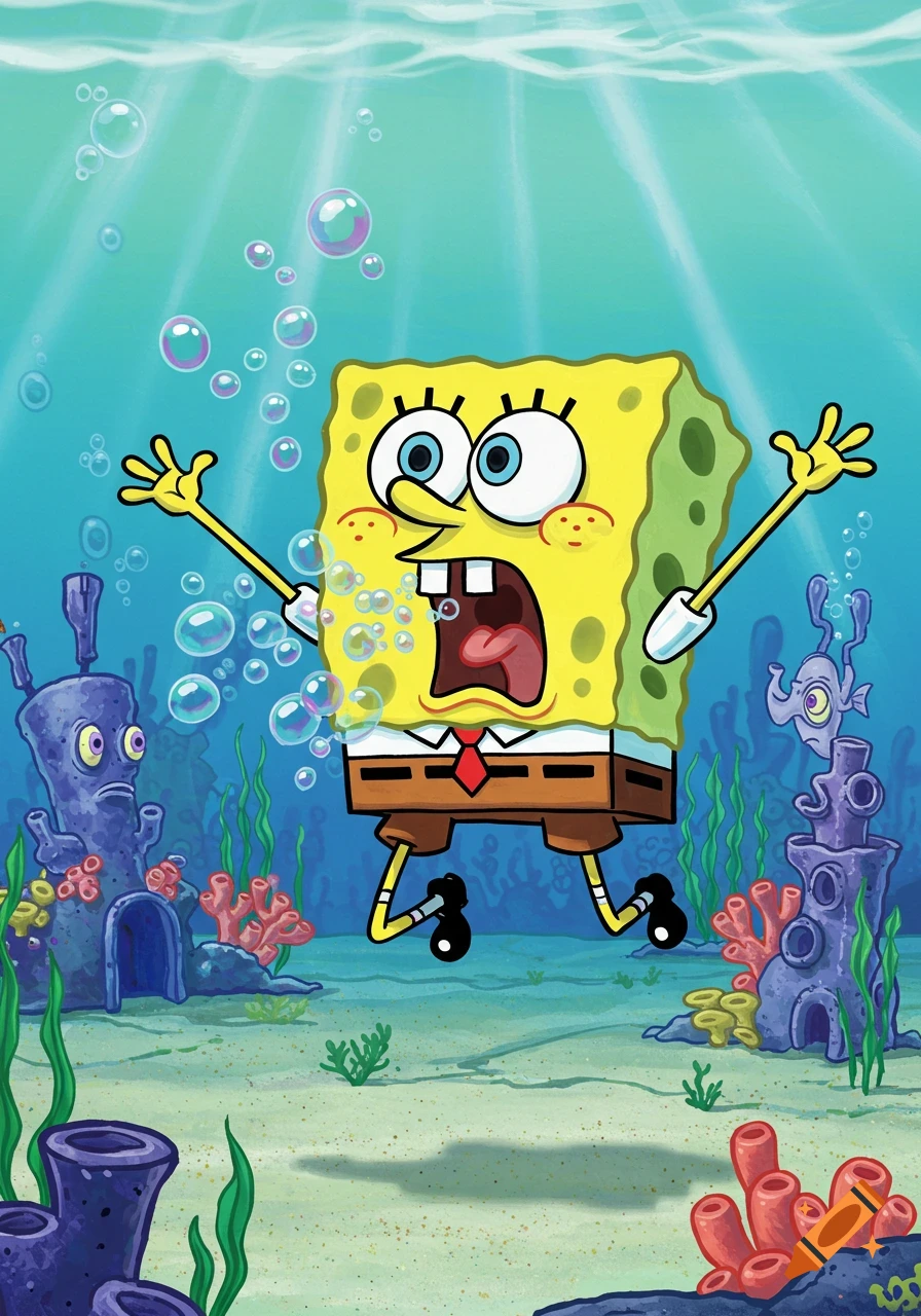 SpongeBob SquarePants looks scared and screams underwater with bubbles ...
