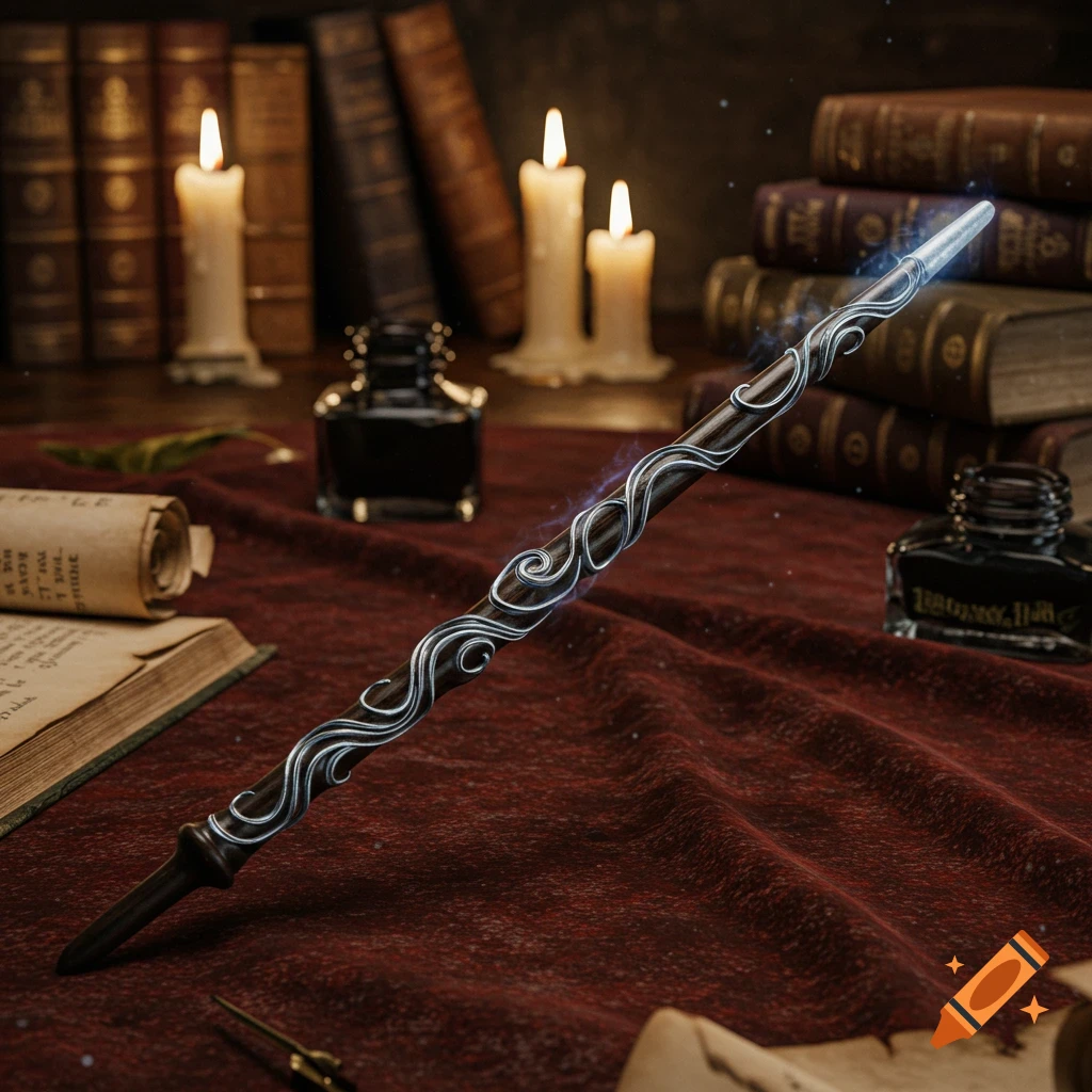 A magical wooden wand with glowing silver swirls lies on a red velvet ...