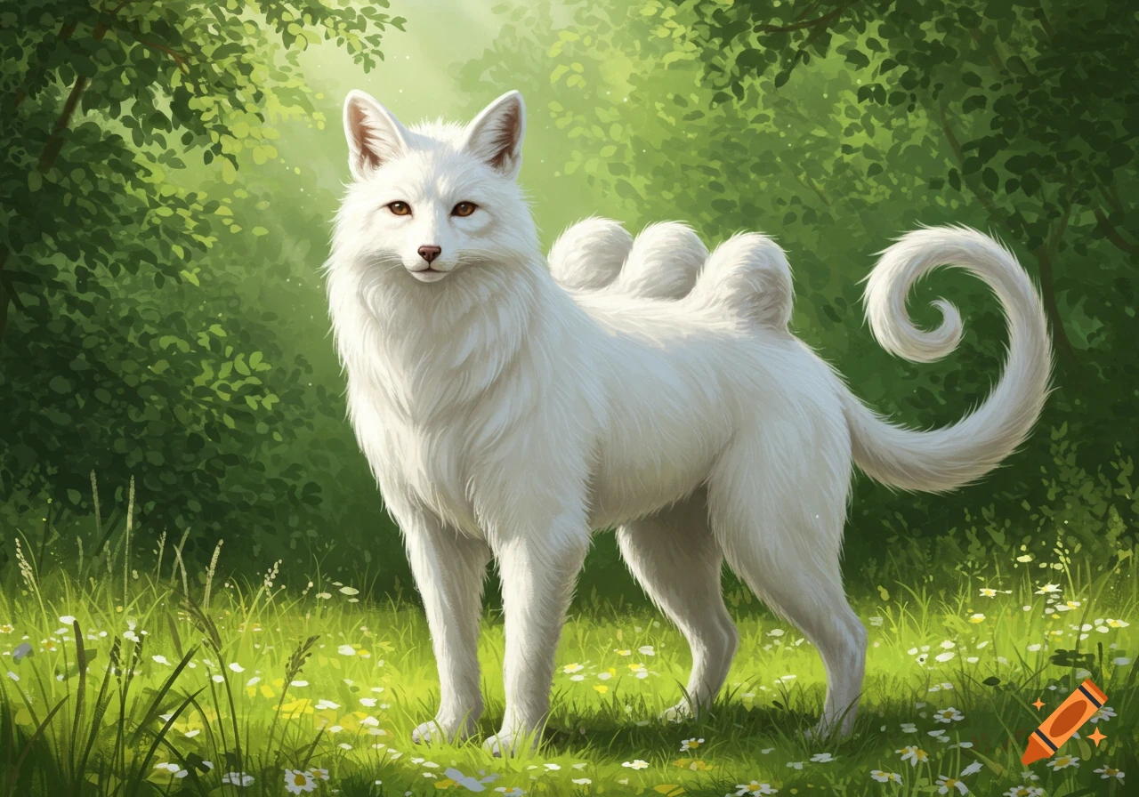 A white furry creature with a fox head, camel humps, and a curled ...
