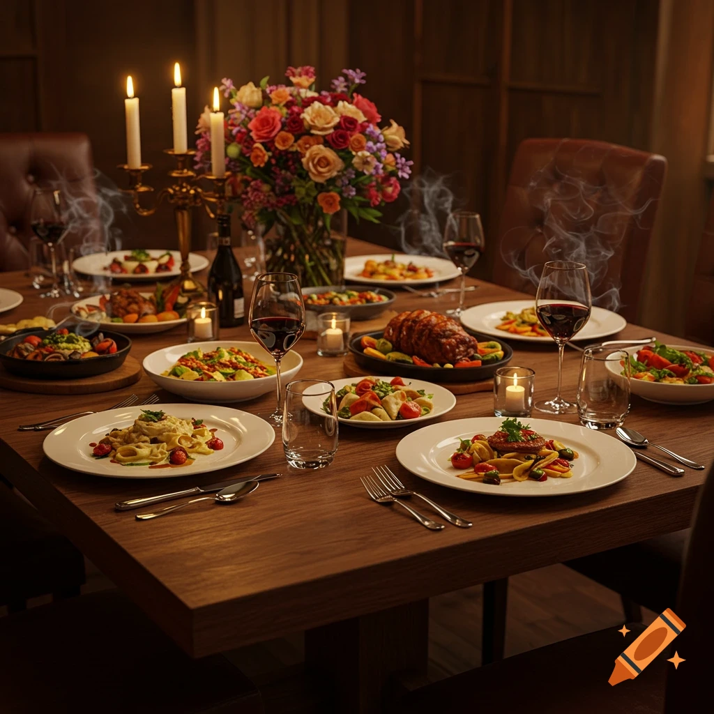 A beautifully set dinner table with various dishes, wine glasses ...