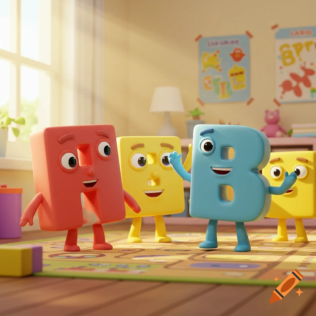 Colorful block characters, including a red number one, an orange two ...