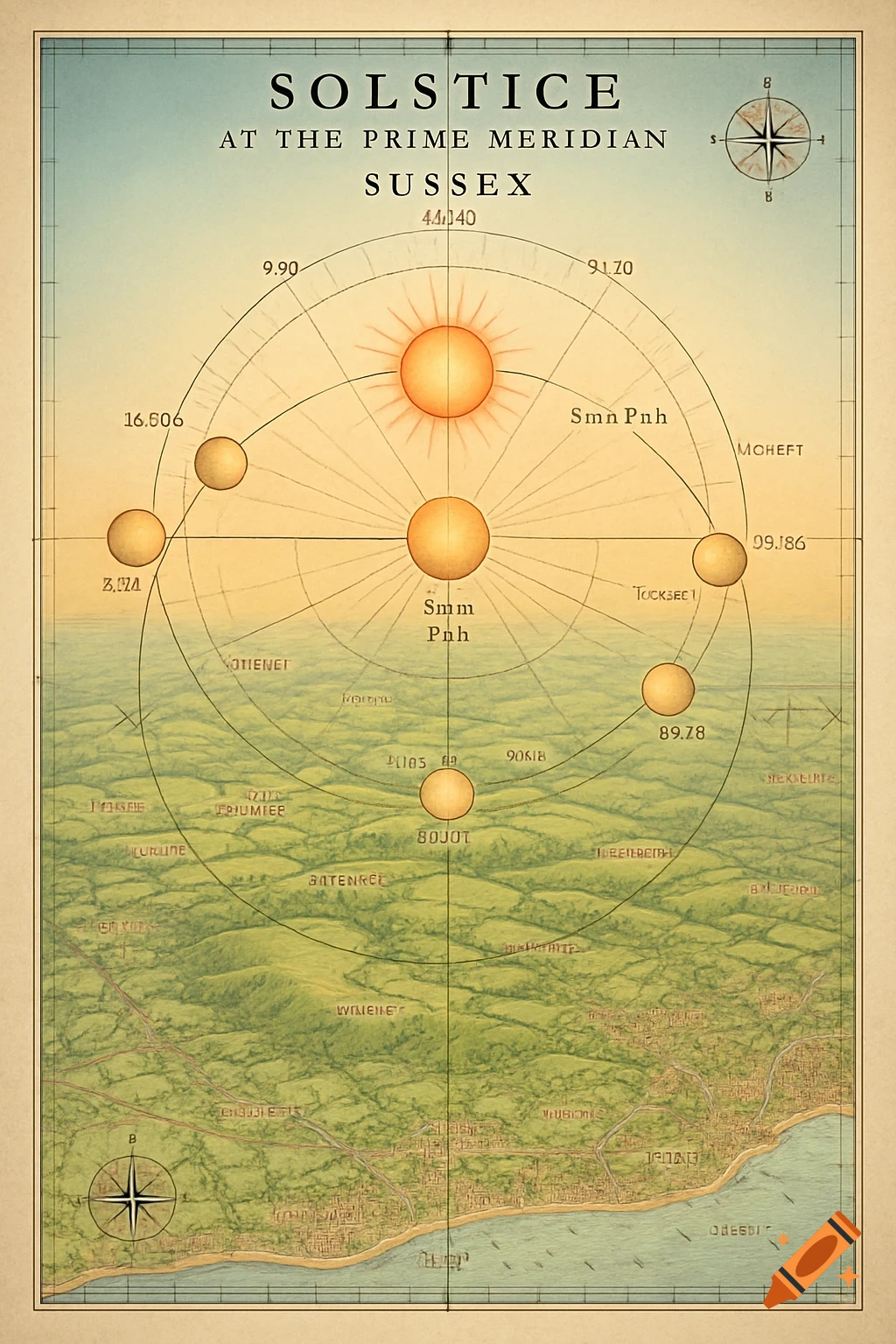 A vintage-style diagram depicting the solstice with the sun and planets orbiting, set over a ...