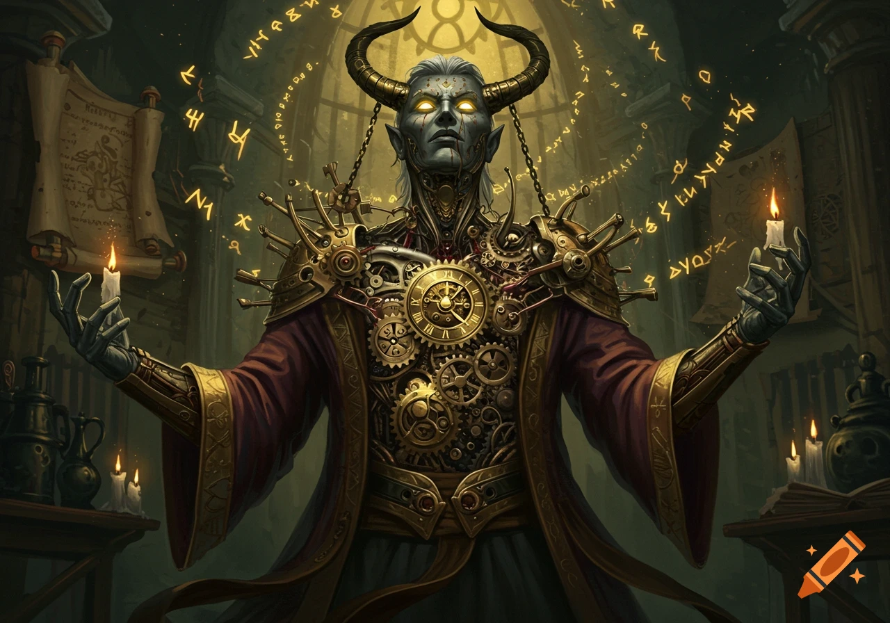 A horned sorcerer with glowing eyes and a clockwork chest holds candles ...