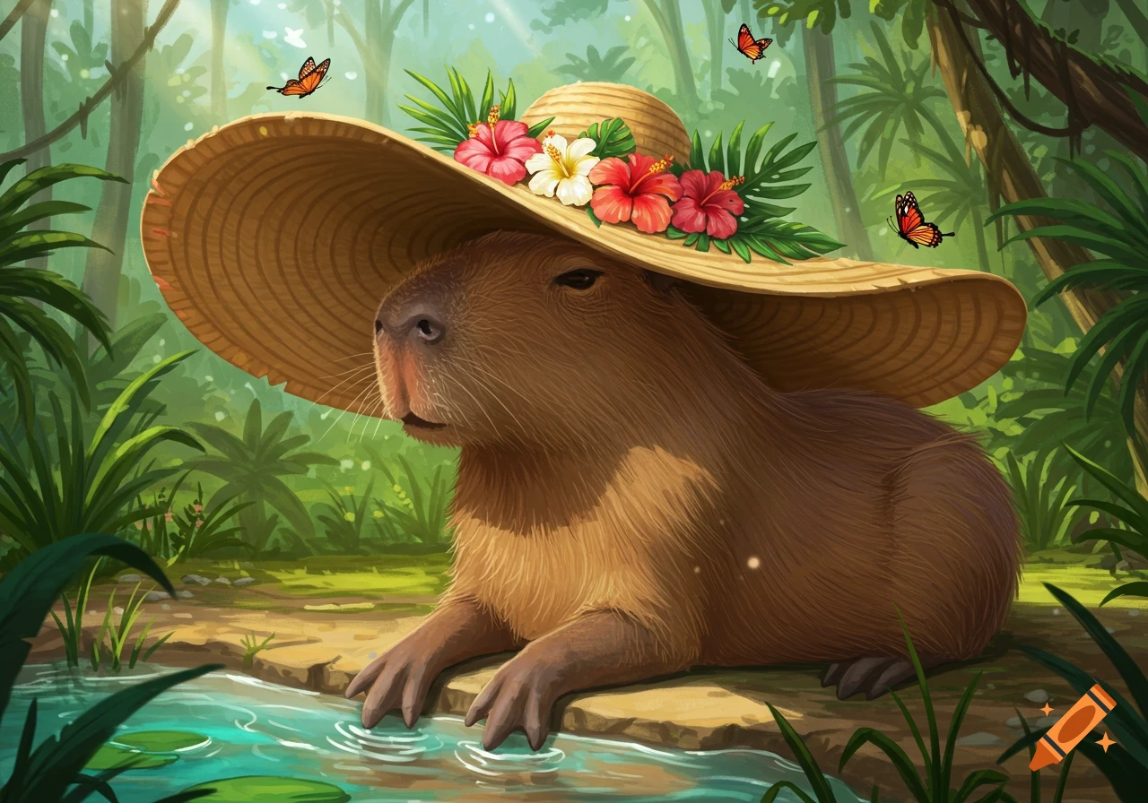 An illustrated capybara wearing a floral straw hat sits by a stream in ...