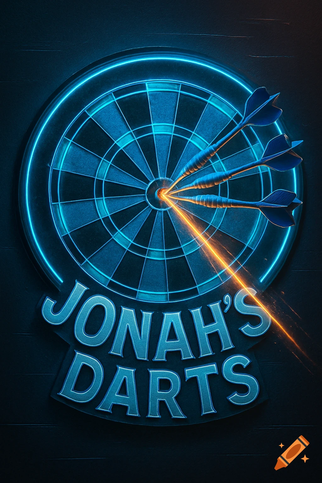 A neon blue dartboard with three darts hitting the bullseye, emitting ...