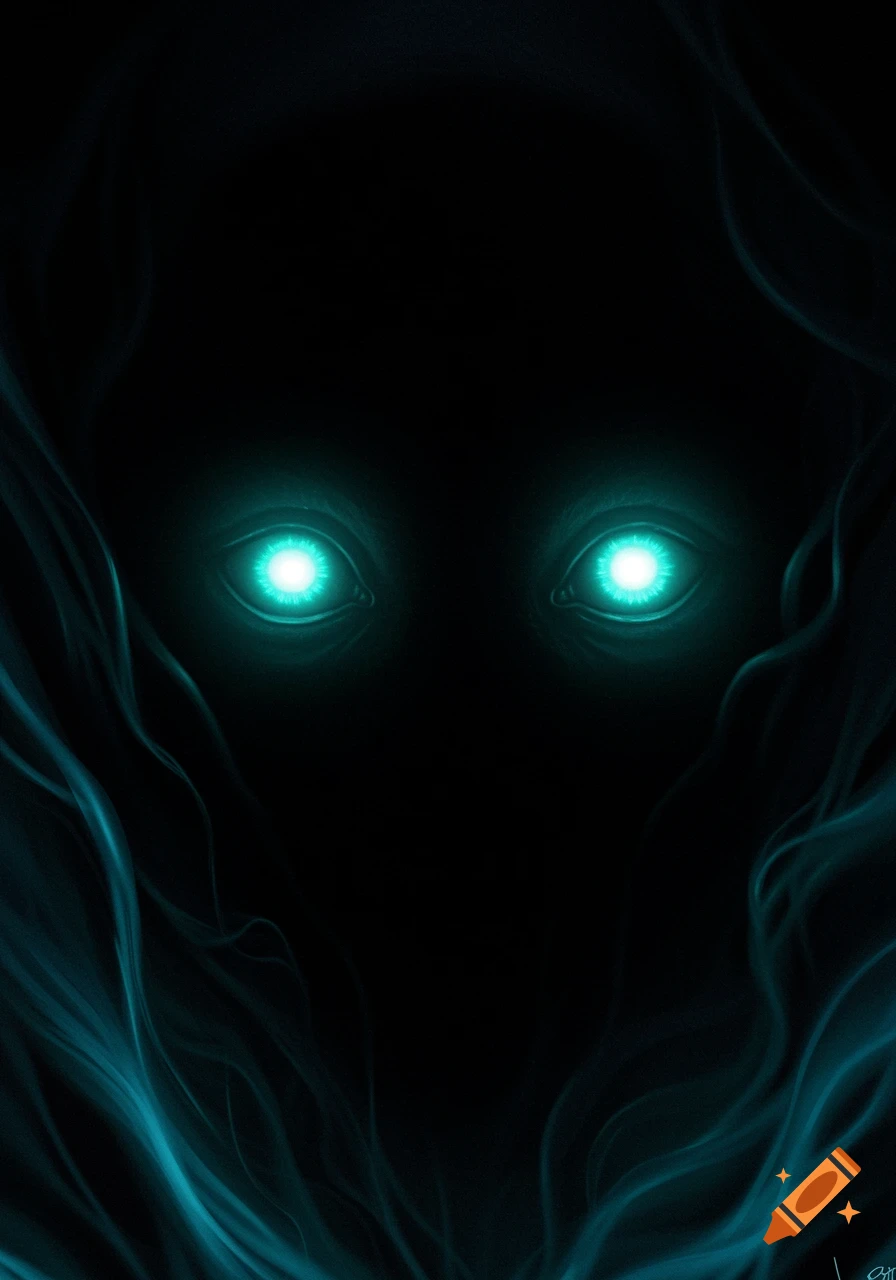 Two glowing cyan eyes stare out from a dark abyss, surrounded by wispy ...