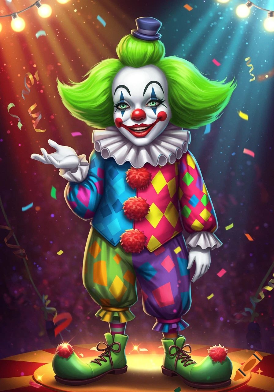 An unsettling clown with red curly hair, white face paint, and a ...