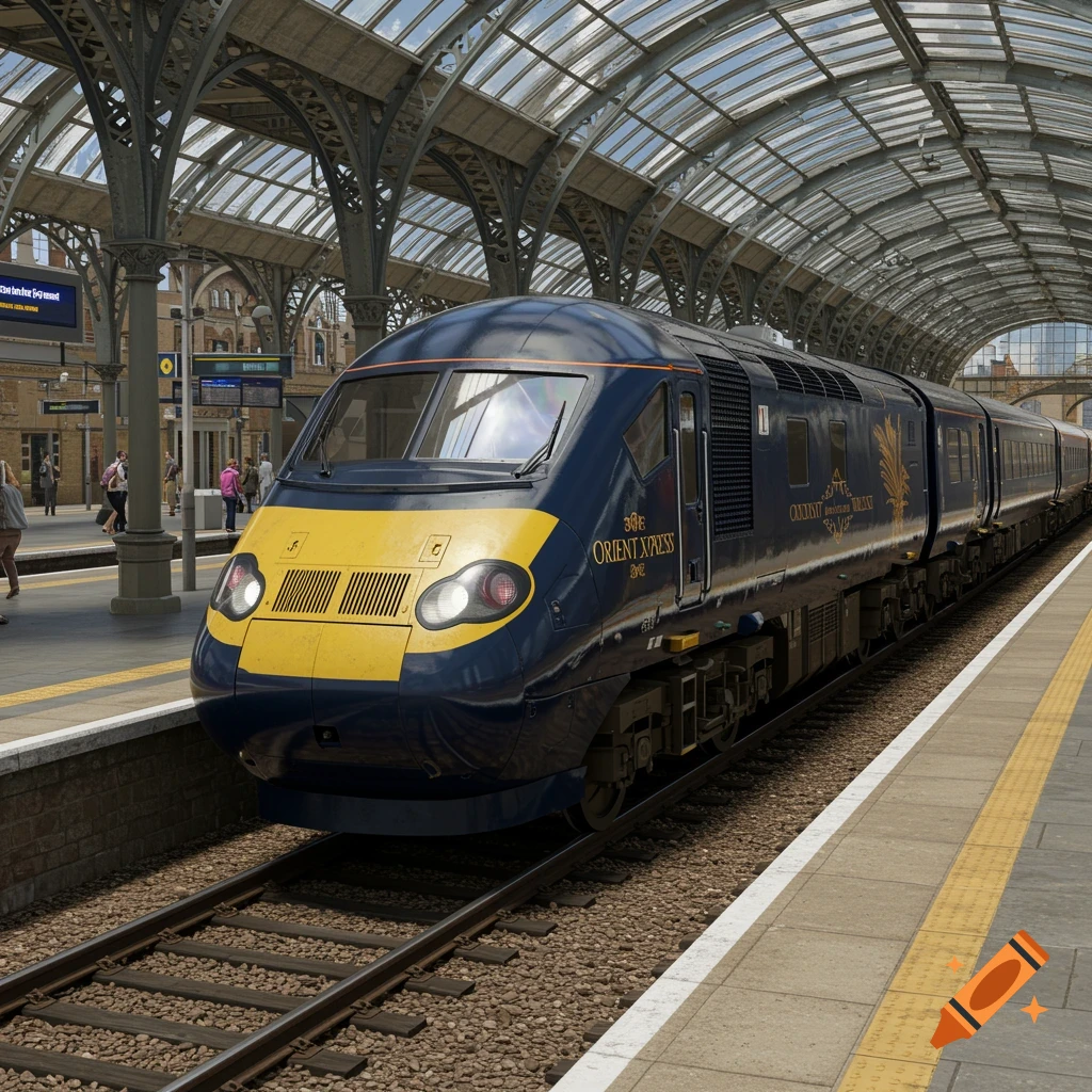 A photorealistic view of a blue and yellow British Class 43 HST train ...