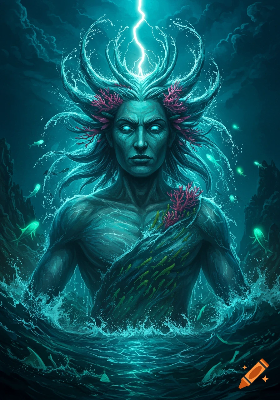 Mystical water god with glowing eyes emerges from the ocean, surrounded ...