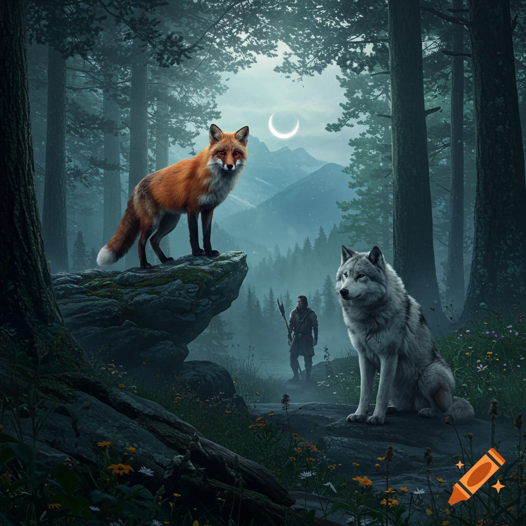 Two light and dark wolves with glowing magical energy face each other ...