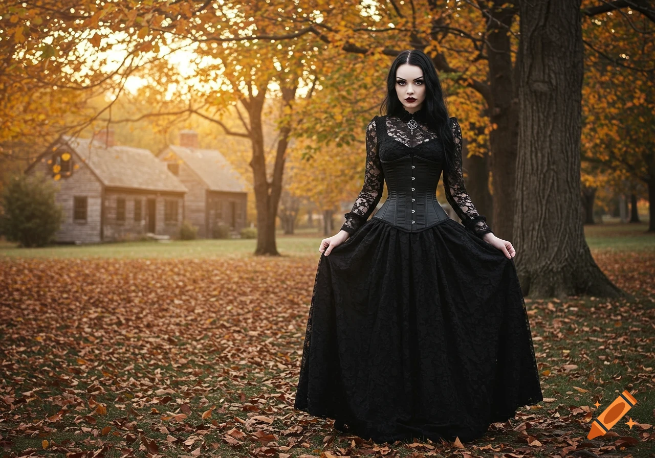 A woman in a black gothic dress stands in a fall landscape with ...