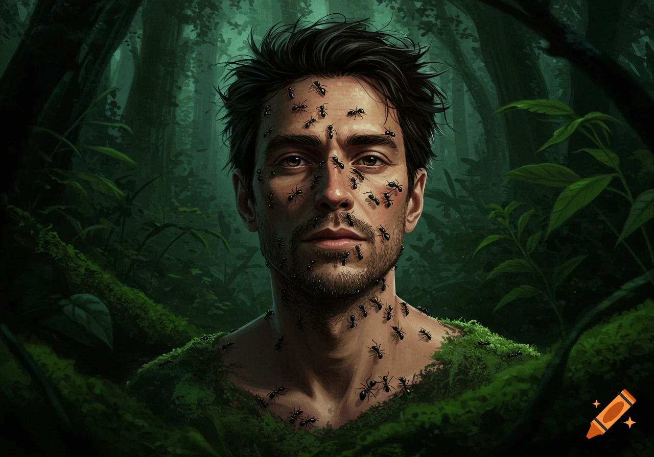 A man with dark hair covered in ants stands in a dark, lush jungle. on ...