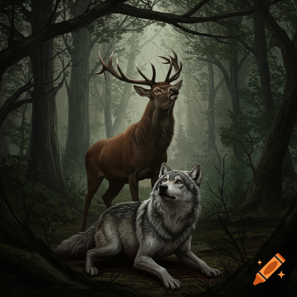 A bear, two wolves, a deer, and two otters gather around a campfire in ...