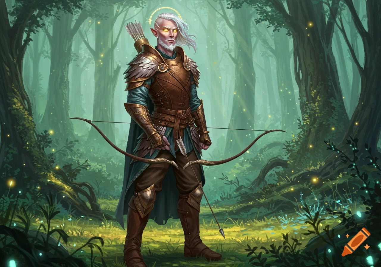 A male Aasimar ranger with white hair, gold eyes, and a beard, wearing ...