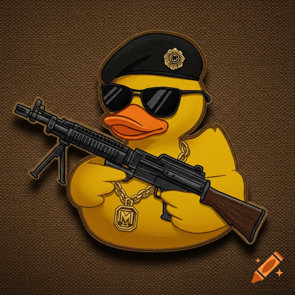 A rubber duck in sunglasses and a beret, with a gold chain and pendant ...