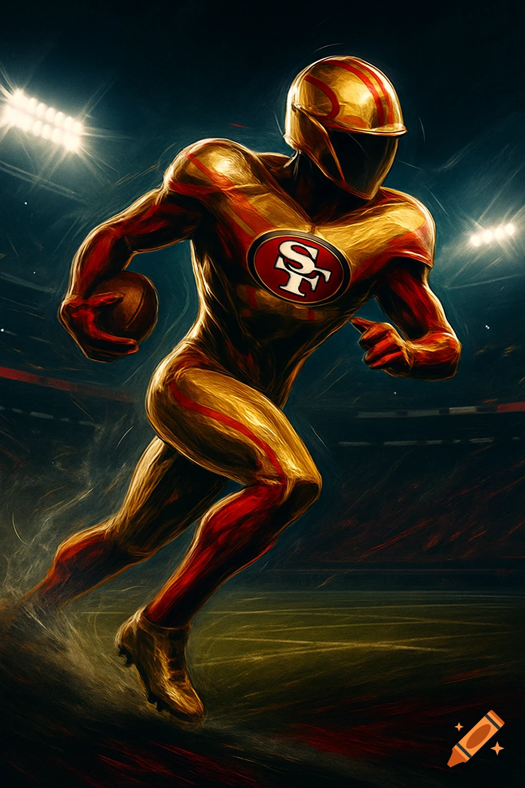 A stylized digital painting of a golden and red football player with an ...