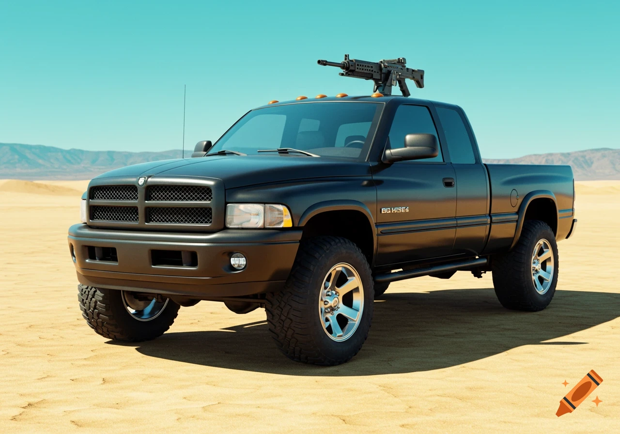 A military-themed camouflage Harley-Davidson trike sits in a vast, arid ...