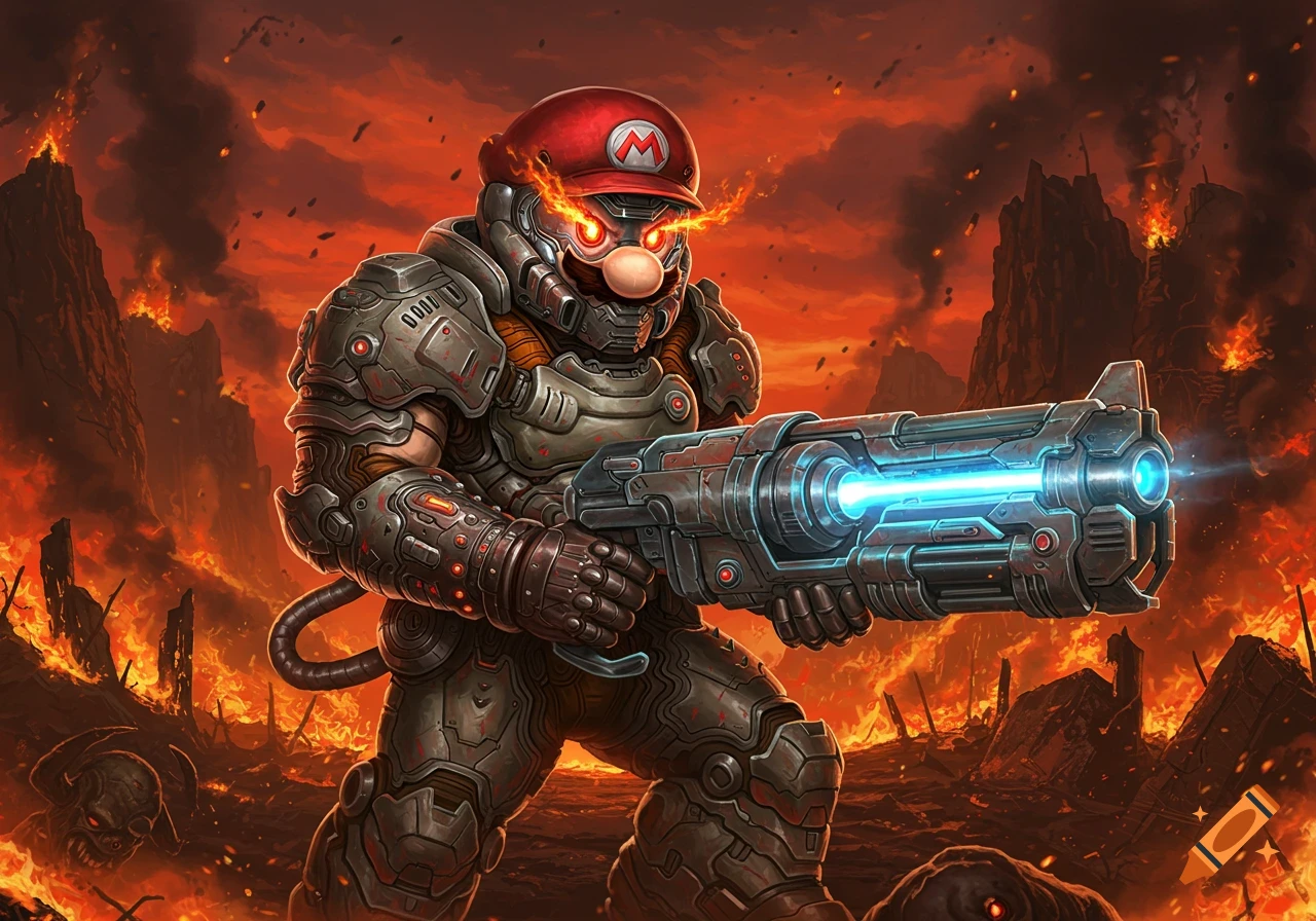 Heavily armored Mario as the Doomslayer stands in a fiery, hellish ...