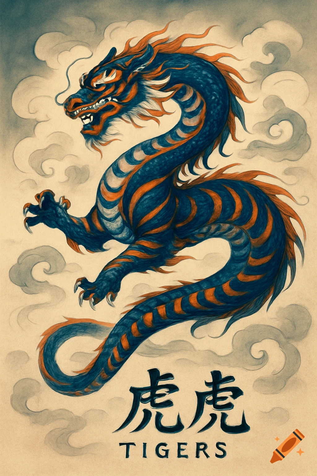 A stylized blue and orange dragon, resembling a tiger, among clouds ...