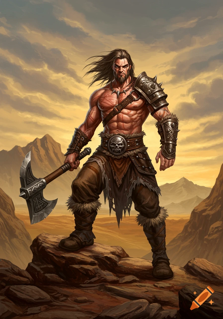 Muscular human archer with orcish features drawing a bow on a mountain ...