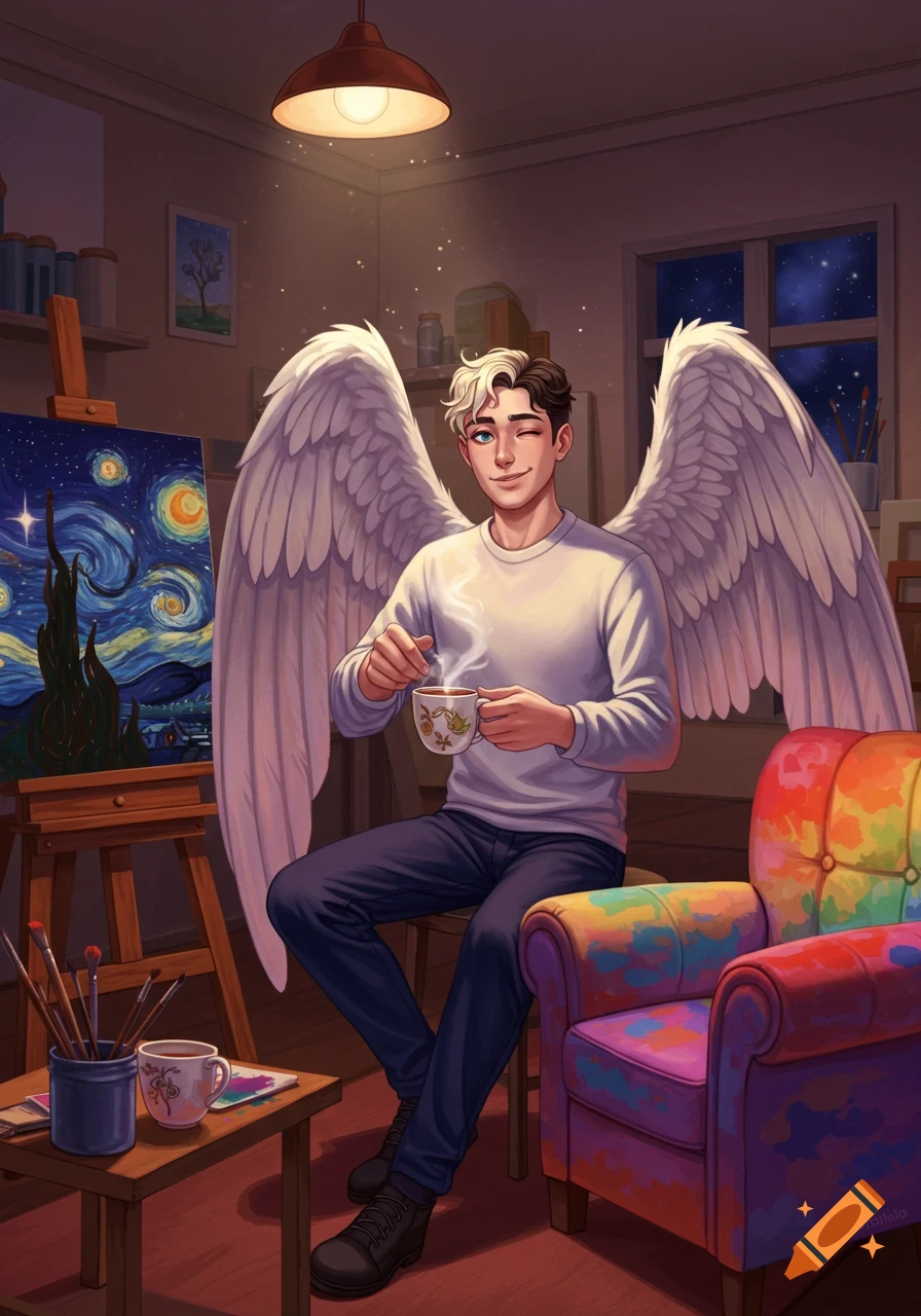 A smiling, winged man with heterochromia sits in an art studio, holding ...