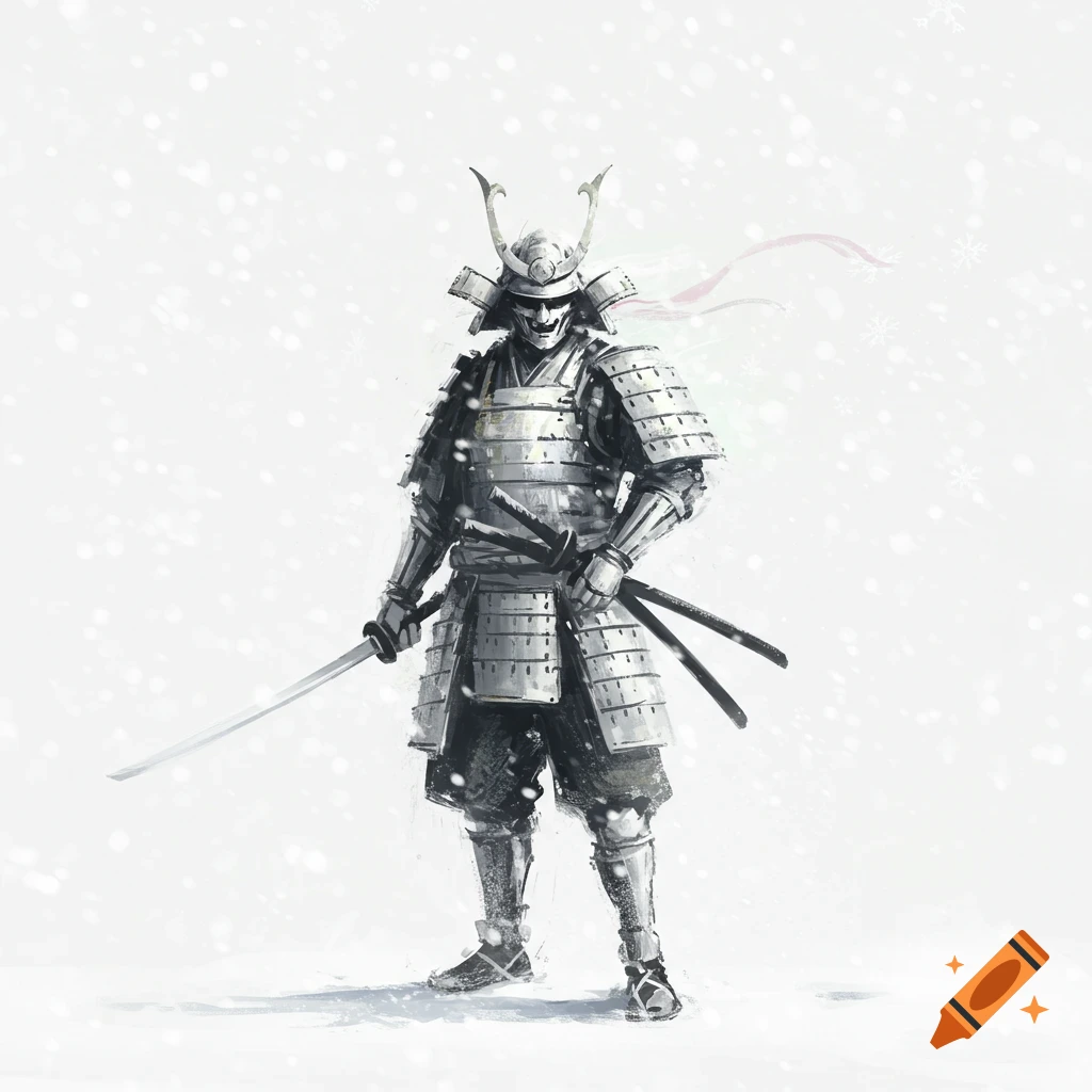 An illustration of a samurai in full armor, holding a katana, standing ...